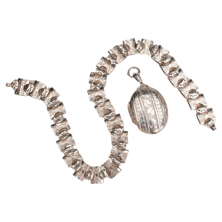 Victorian Sterling Silver Book Chain Necklace with Locket For Sale at ...