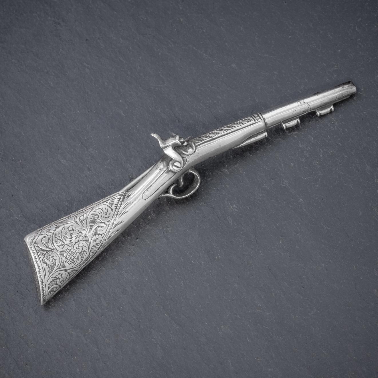 Antique Victorian Sterling Silver Flintlock Musket Brooch, circa 1880 ...