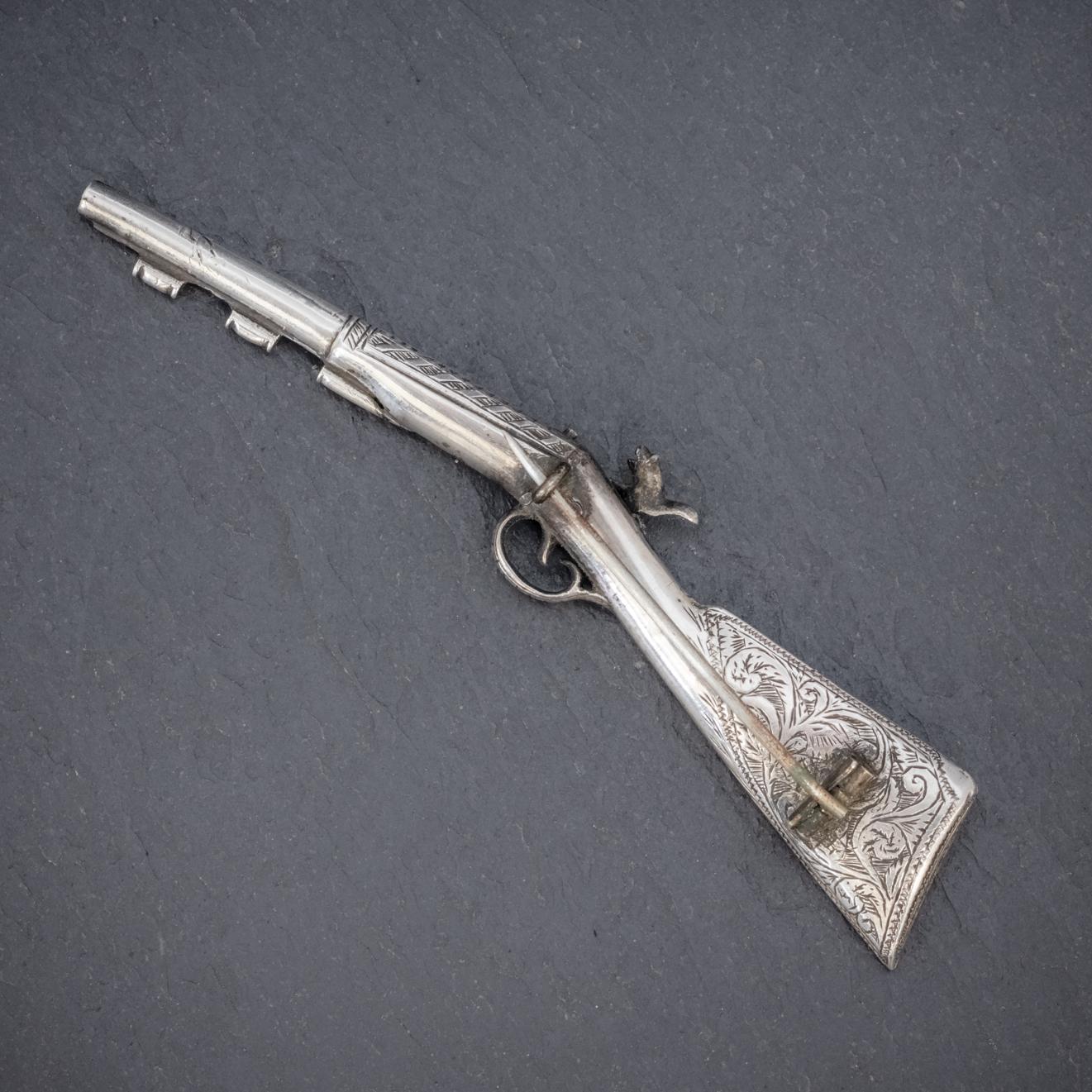 Antique Victorian Sterling Silver Flintlock Musket Brooch, circa 1880 ...
