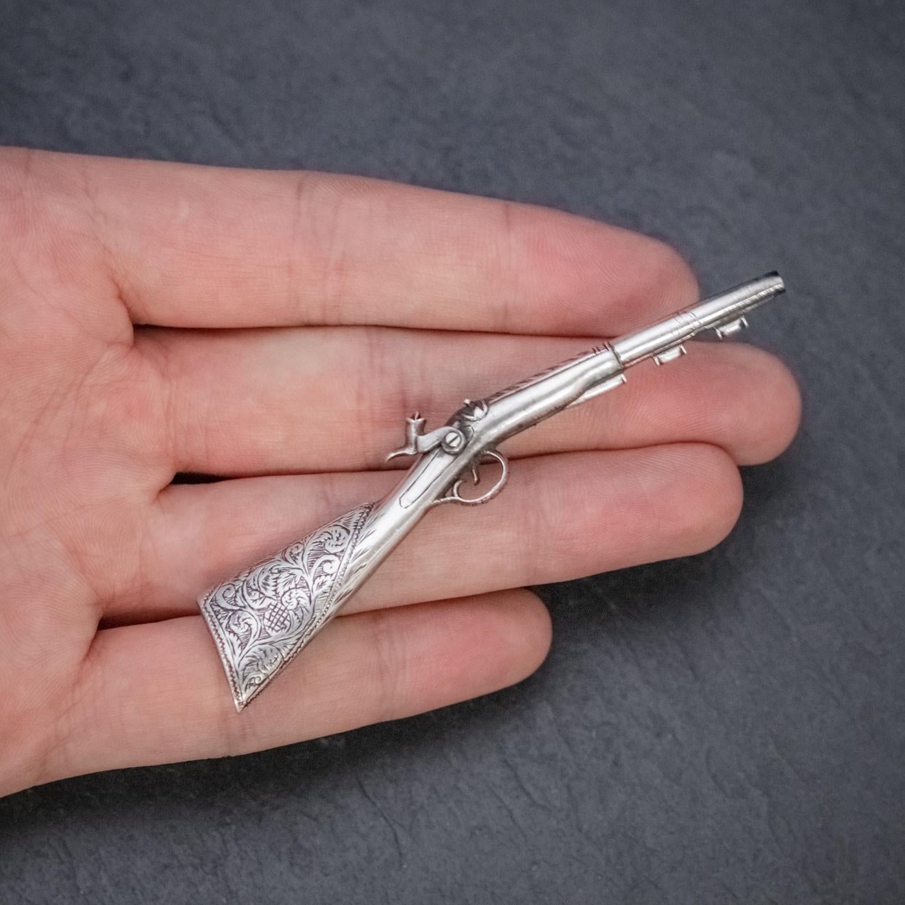 Antique Victorian Sterling Silver Flintlock Musket Brooch, circa 1880 ...