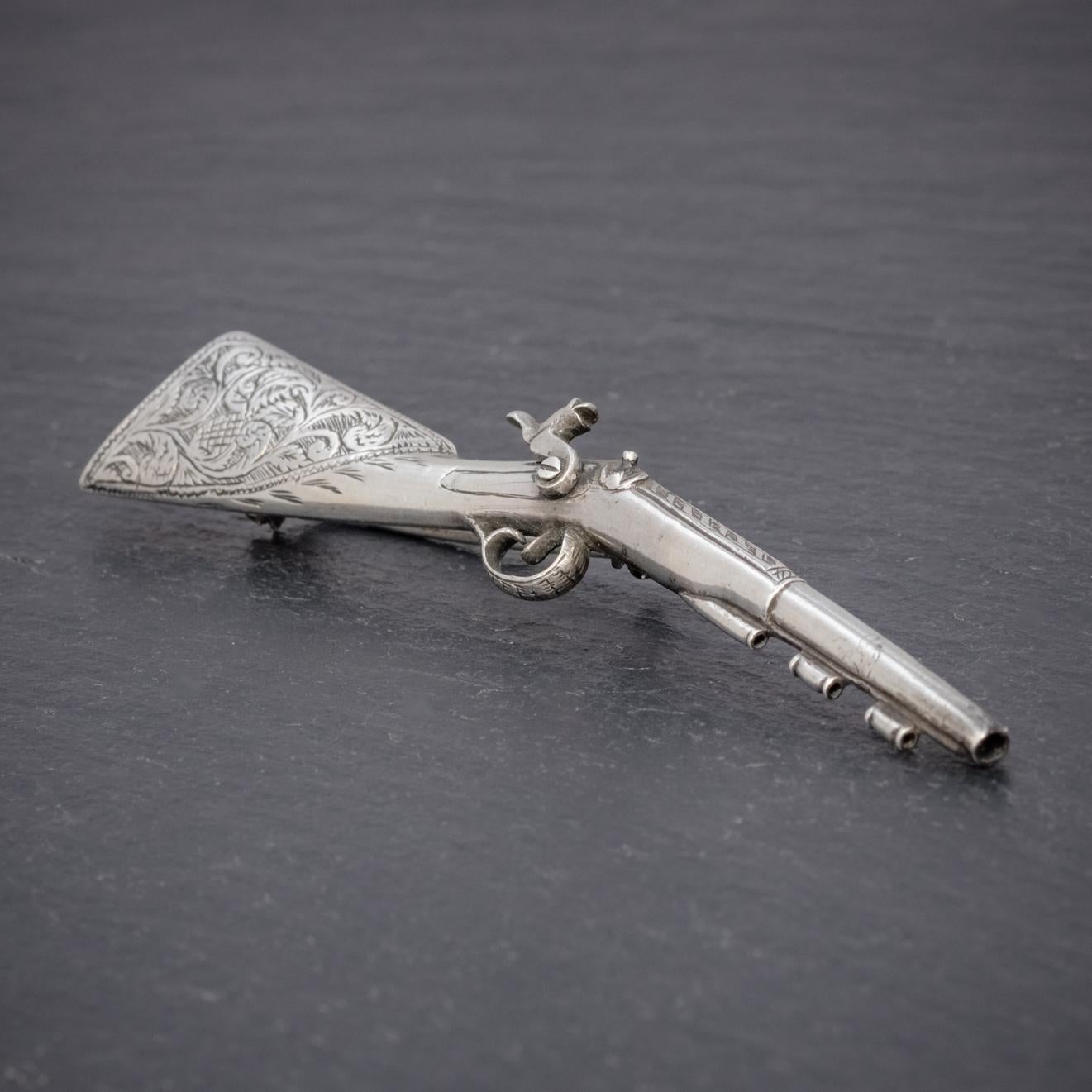 Antique Victorian Sterling Silver Flintlock Musket Brooch, circa 1880 ...