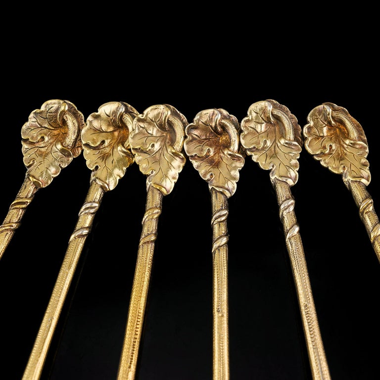 Antique Victorian Sterling Silver Gilt Set of 6 Spoons, Francis Higgins ...