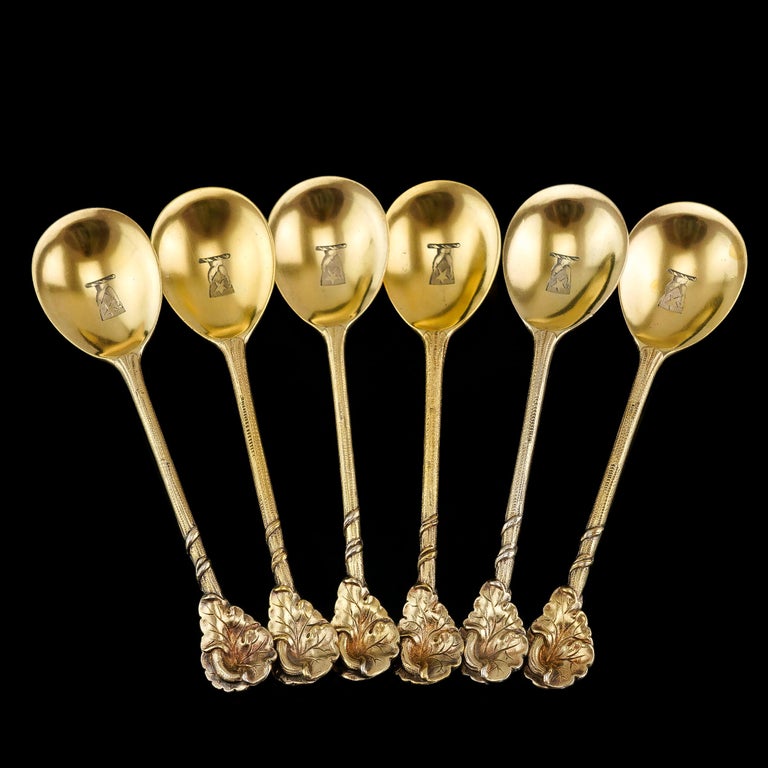 Antique Victorian Sterling Silver Gilt Set of 6 Spoons, Francis Higgins ...