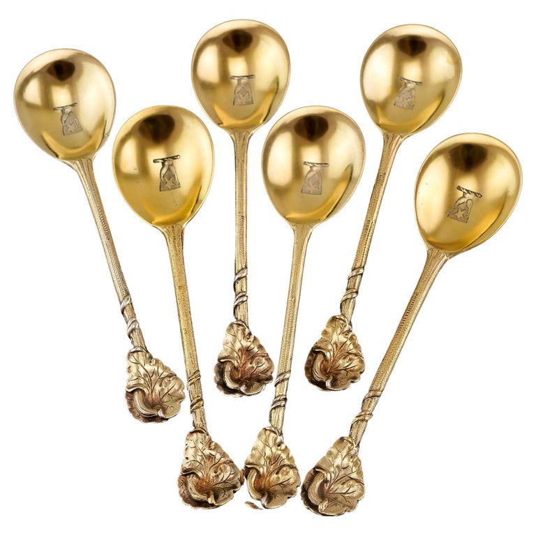 Antique Victorian Sterling Silver Gilt Set of 6 Spoons, Francis Higgins ...