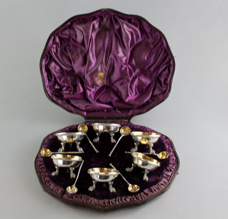 Antique Victorian Sterling Silver Salt Cellar Set with Spoons, Chawner ...