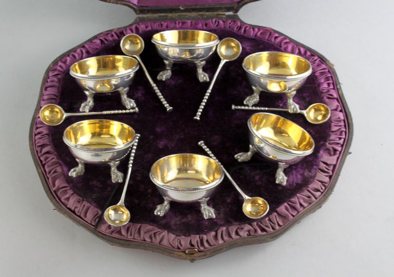 Antique Victorian Sterling Silver Salt Cellar Set with Spoons, Chawner ...
