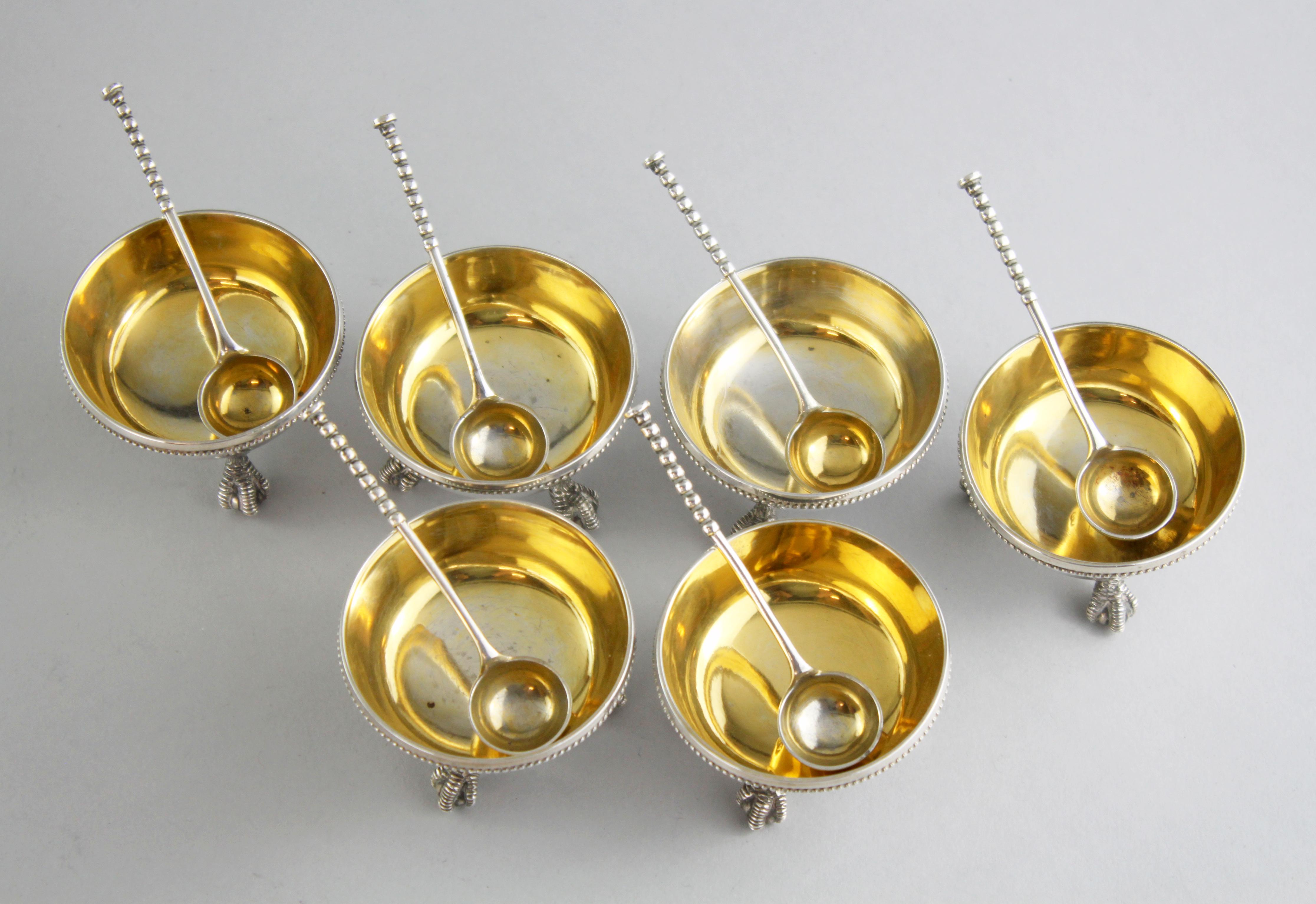 Antique Victorian Sterling Silver Salt Cellar Set with Spoons, Chawner ...