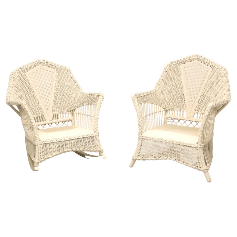 Antique Victorian White Painted Wicker Chair and Rocker - Pair at 1stDibs