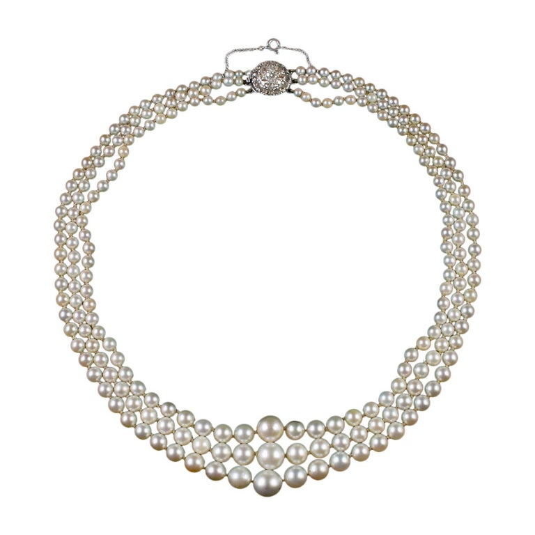 Antique Victorian Triple Pearl Necklace Georgian Diamond Clasp, circa ...