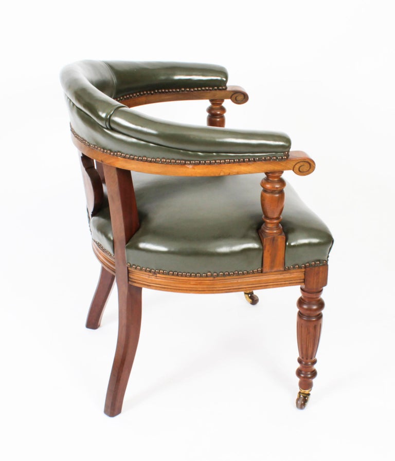 Antique Victorian Tub Desk Armchair Green Leather Upholstered, 19th ...