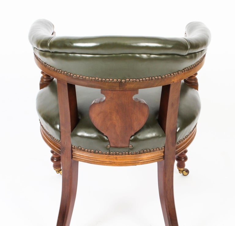Antique Victorian Tub Desk Armchair Green Leather Upholstered, 19th ...
