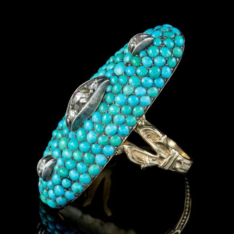 Antique Victorian Turquoise Diamond Navette Ring For Sale at 1stDibs