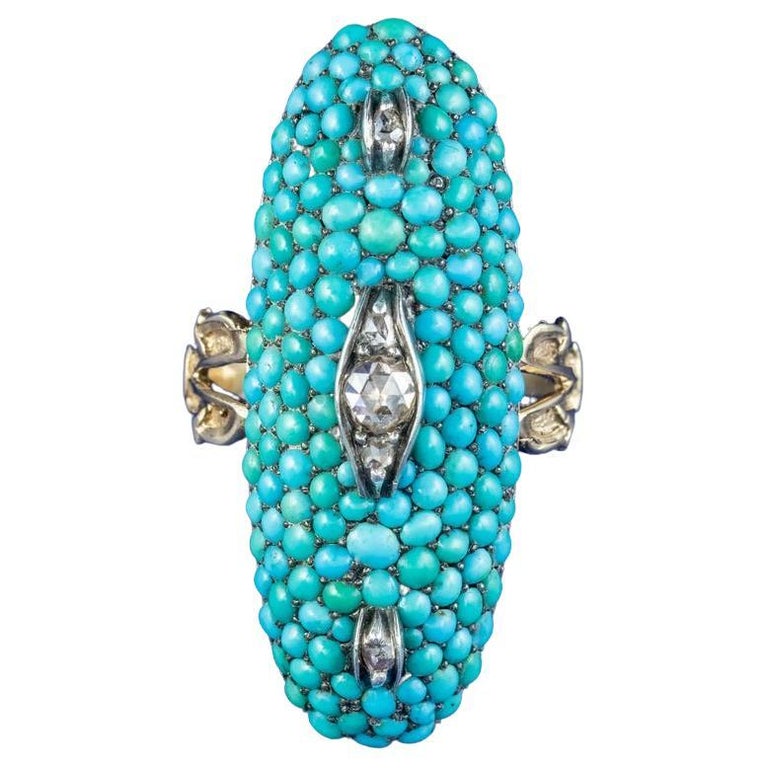 Antique Victorian Turquoise Diamond Navette Ring For Sale at 1stDibs