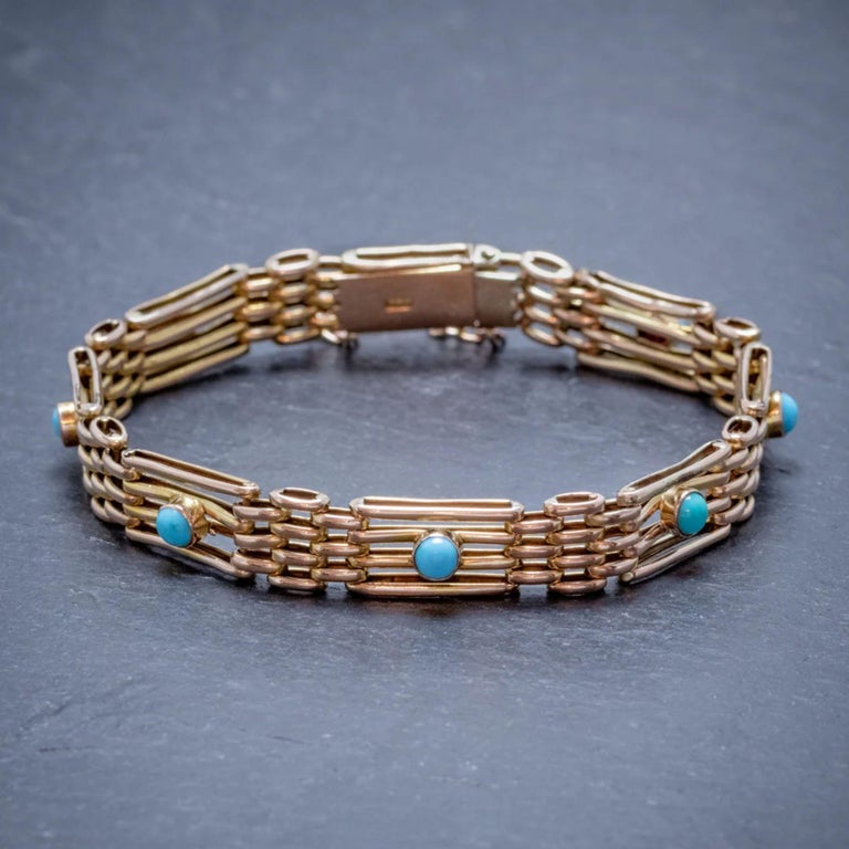 Antique Victorian Turquoise Gate Bracelet in 9 Carat Gold, circa 1900 ...