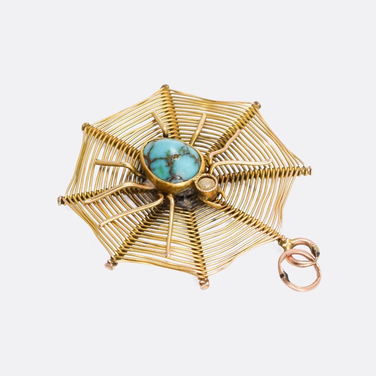 Antique Victorian Turquoise Matrix Spider and Web Pendant Necklace at ...