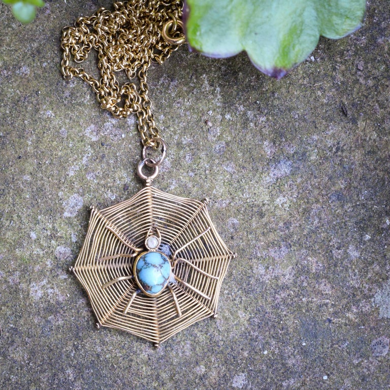 Antique Victorian Turquoise Matrix Spider and Web Pendant Necklace at ...