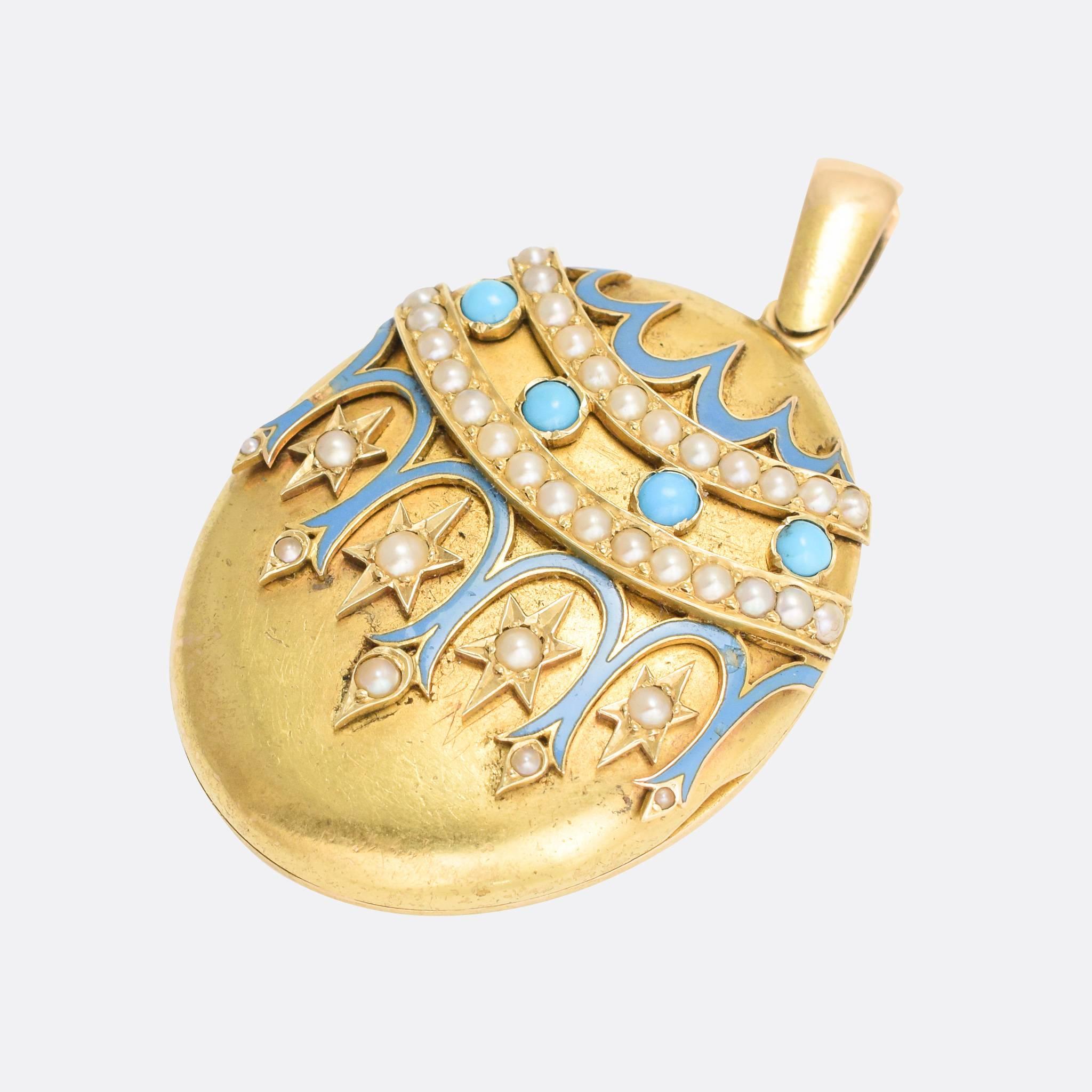 Antique Victorian Turquoise Pearl Enamel 18 Karat Gold Locket at 1stDibs