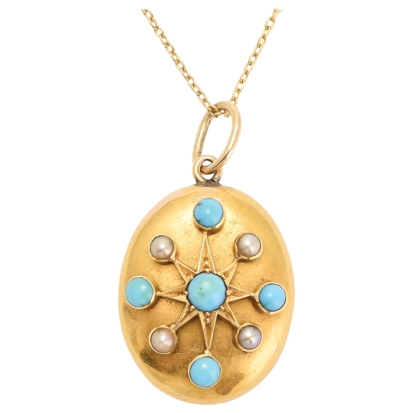 Antique Victorian Turquoise Pearl Gold Star Pendant at 1stDibs