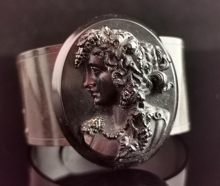 Antique Victorian Vulcanite and Jet cameo bangle, cuff bracelet at 1stDibs