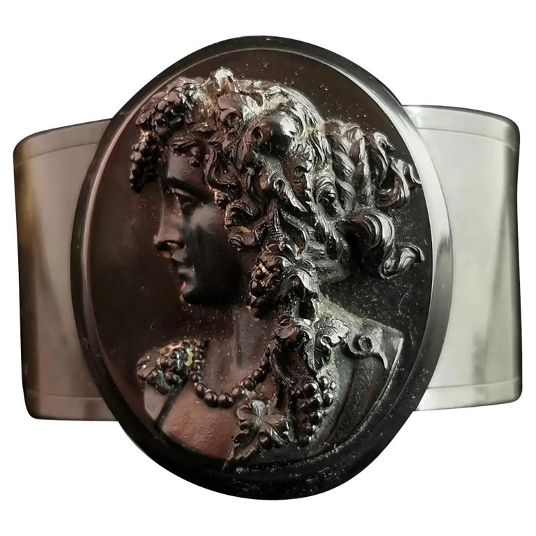 Antique Victorian Vulcanite and Jet cameo bangle, cuff bracelet at 1stDibs