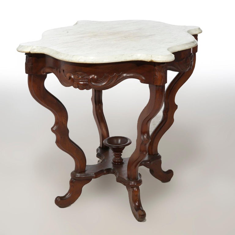 Antique Victorian Walnut and Marble Turtle Top Parlor Table Circa 1890 For Sale at 1stDibs