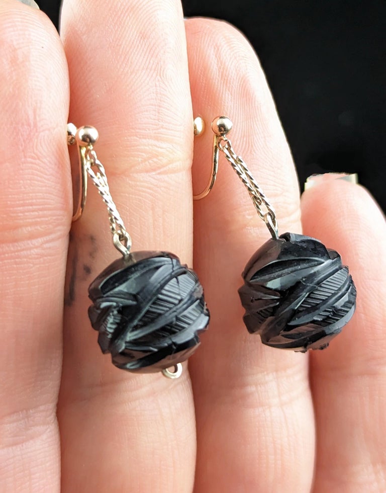Antique Victorian Whitby Jet Earrings, 9k Gold, Screw Back For Sale at ...