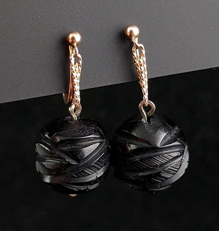 Antique Victorian Whitby Jet Earrings, 9k Gold, Screw Back For Sale at ...
