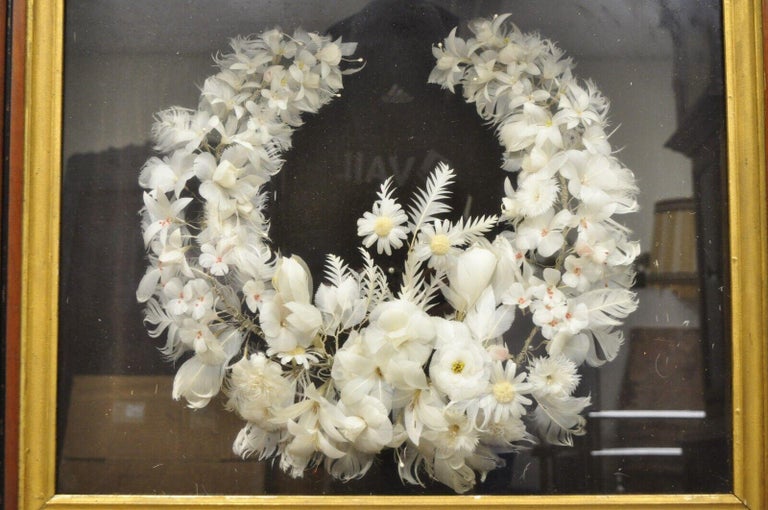 Antique Victorian White Feather Flower Mourning Wreath Mahogany Shadow ...