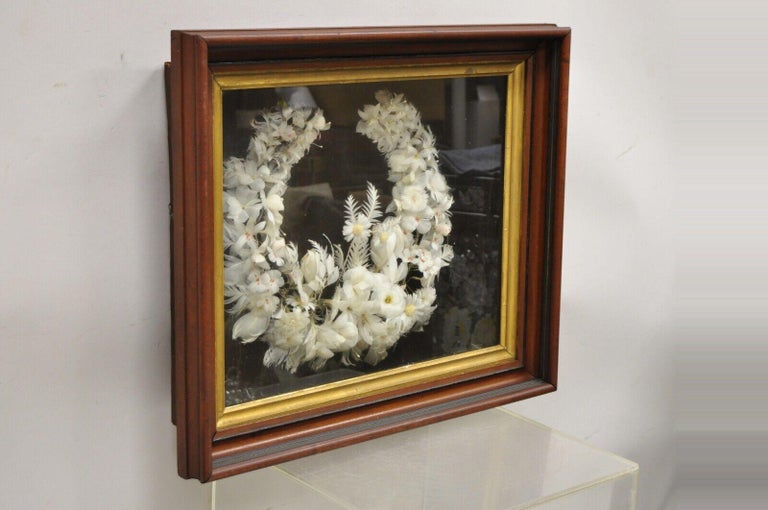 Antique Victorian White Feather Flower Mourning Wreath Mahogany Shadow ...