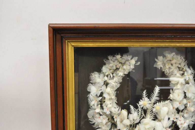 Antique Victorian White Feather Flower Mourning Wreath Mahogany Shadow ...