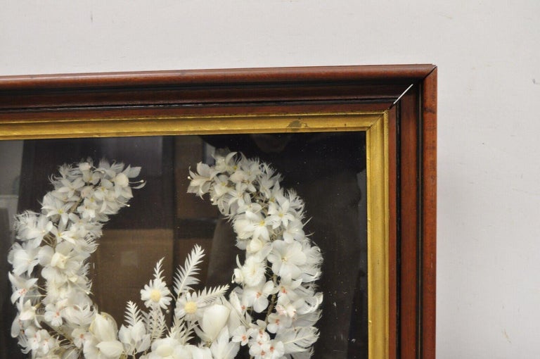 Antique Victorian White Feather Flower Mourning Wreath Mahogany Shadow ...