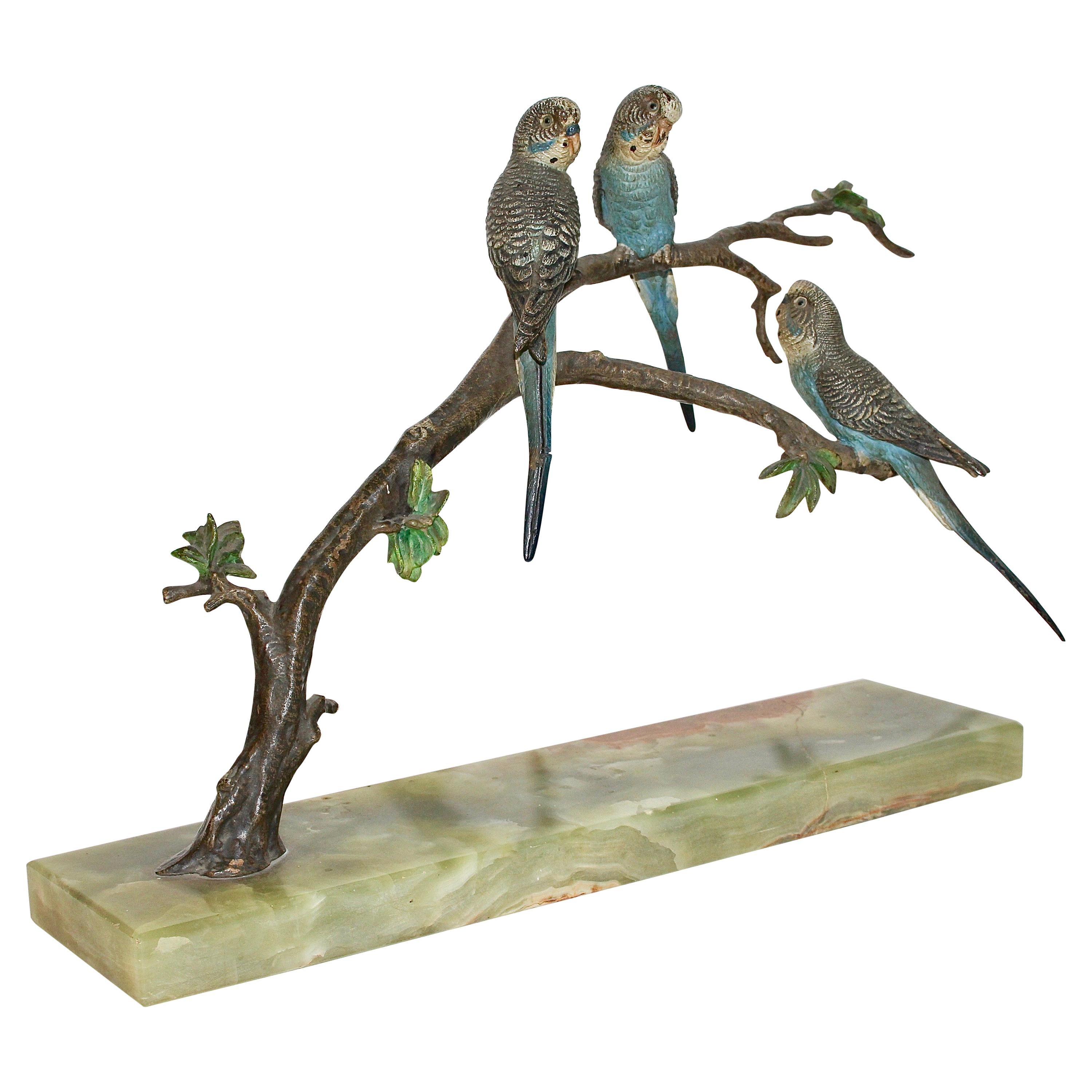 Antique Viennese Bronze Sculpture, Three Birds 'Budgerigars' on Tree ...