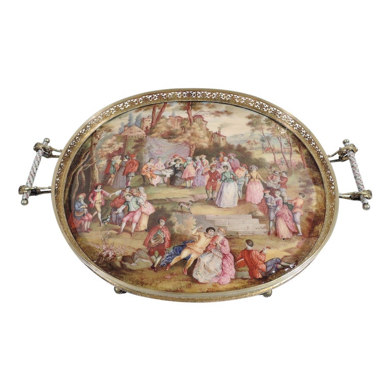 Antique Viennese Enamel Rococo Fete Champetre Footed Tray For Sale at ...