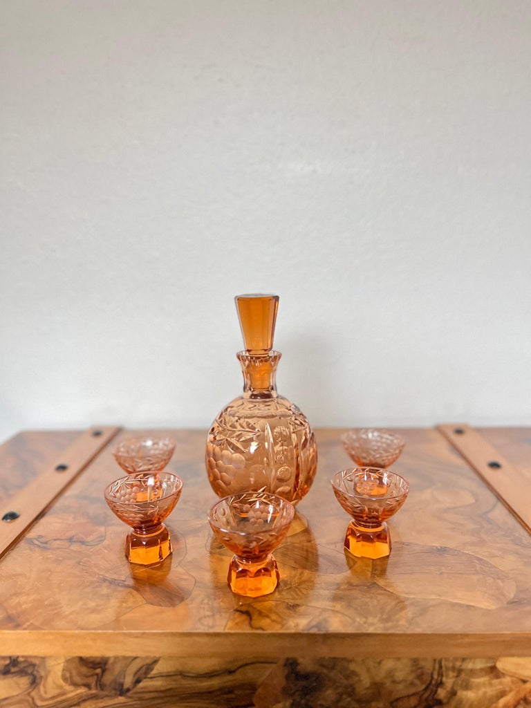 Antique Vintage Amber Cut Crystal Decanter Set with 5 Cups For Sale at ...
