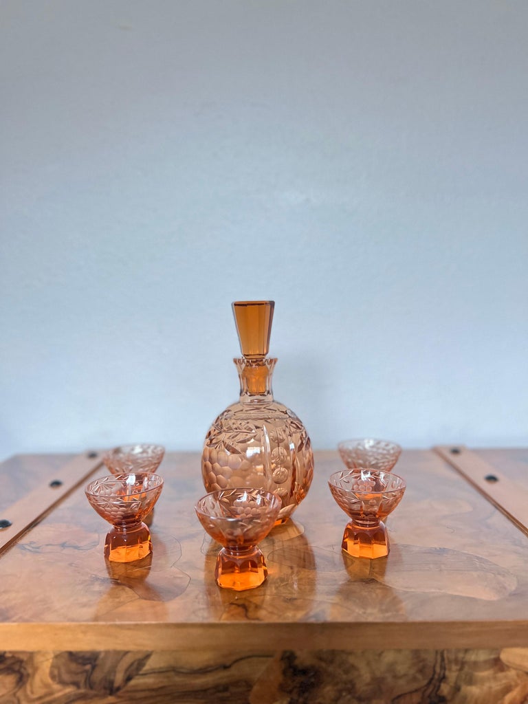 Antique Vintage Amber Cut Crystal Decanter Set with 5 Cups For Sale at ...