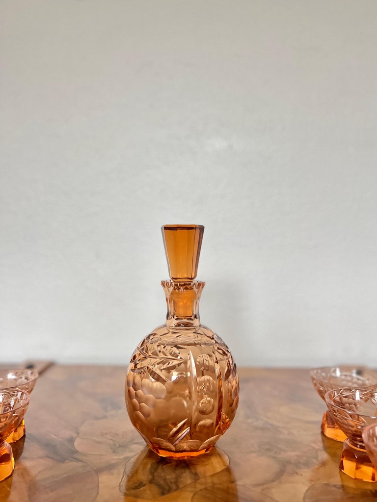 Antique Vintage Amber Cut Crystal Decanter Set with 5 Cups For Sale at ...