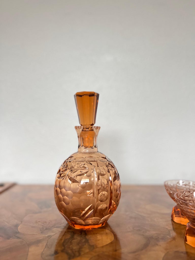 Antique Vintage Amber Cut Crystal Decanter Set with 5 Cups For Sale at ...