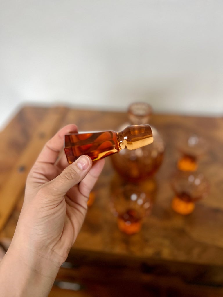 Antique Vintage Amber Cut Crystal Decanter Set with 5 Cups For Sale at ...