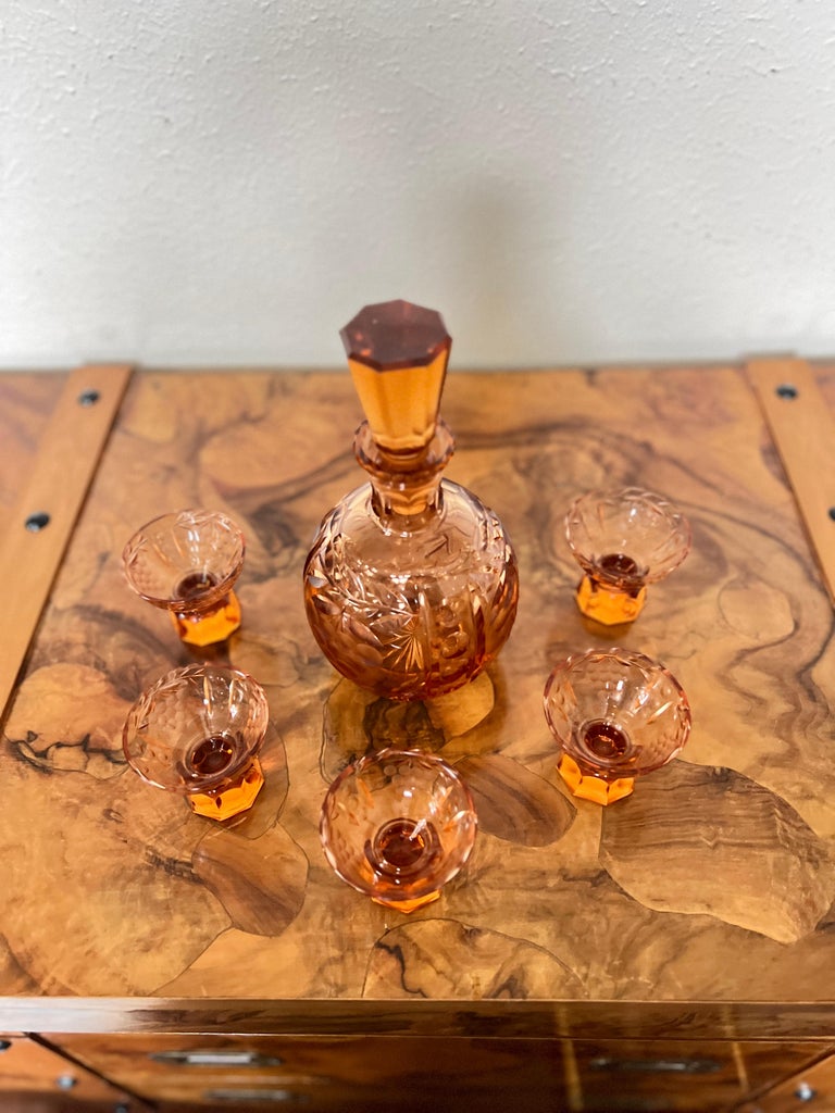 Antique Vintage Amber Cut Crystal Decanter Set with 5 Cups For Sale at ...