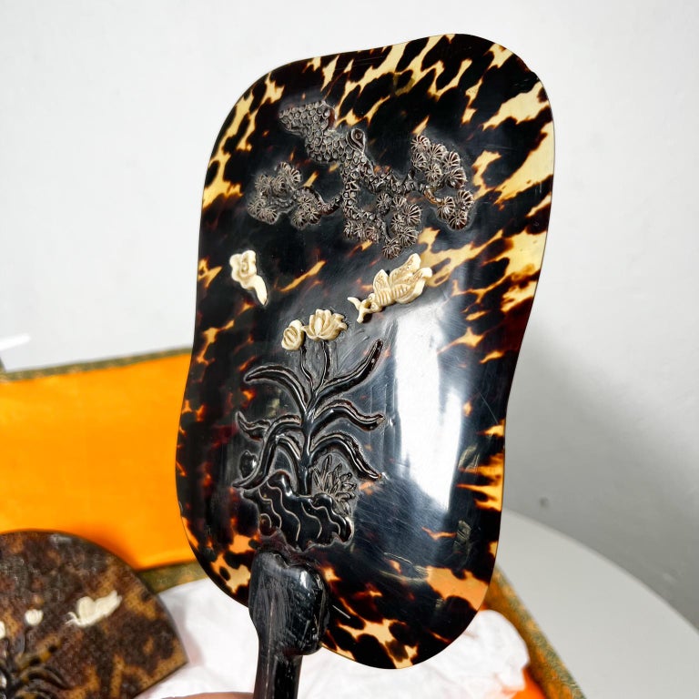 Antique Vintage Chinese Rigid Hand Fans Decorated Tortoise Shell For ...