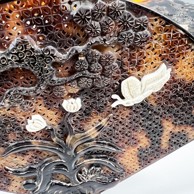 Antique Vintage Chinese Rigid Hand Fans Decorated Tortoise Shell For ...