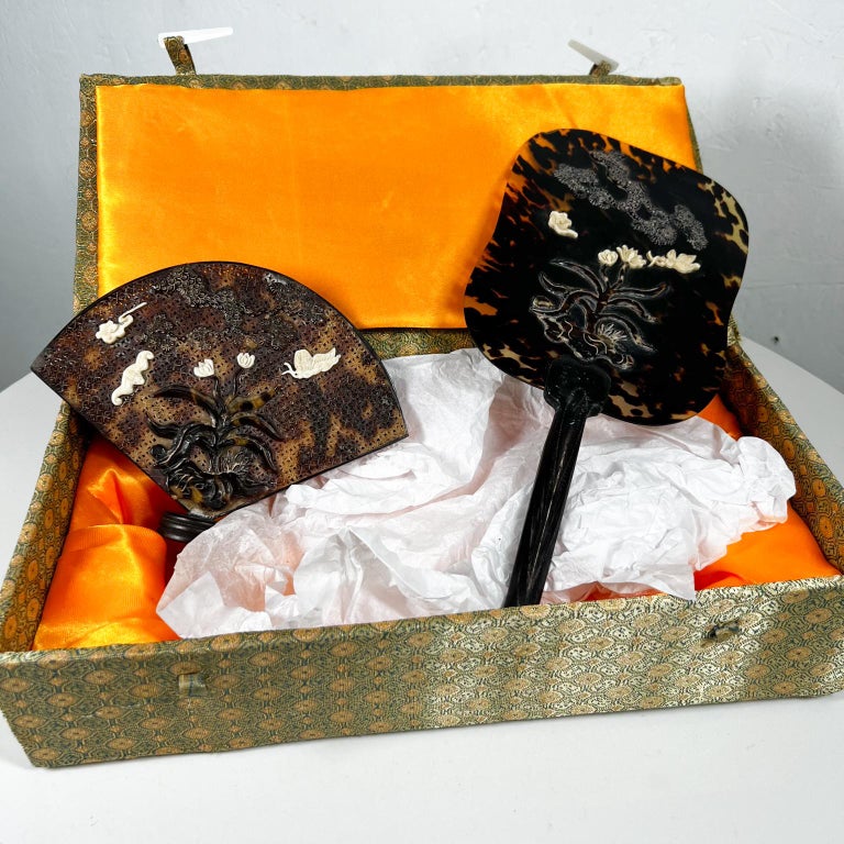 Antique Vintage Chinese Rigid Hand Fans Decorated Tortoise Shell For ...