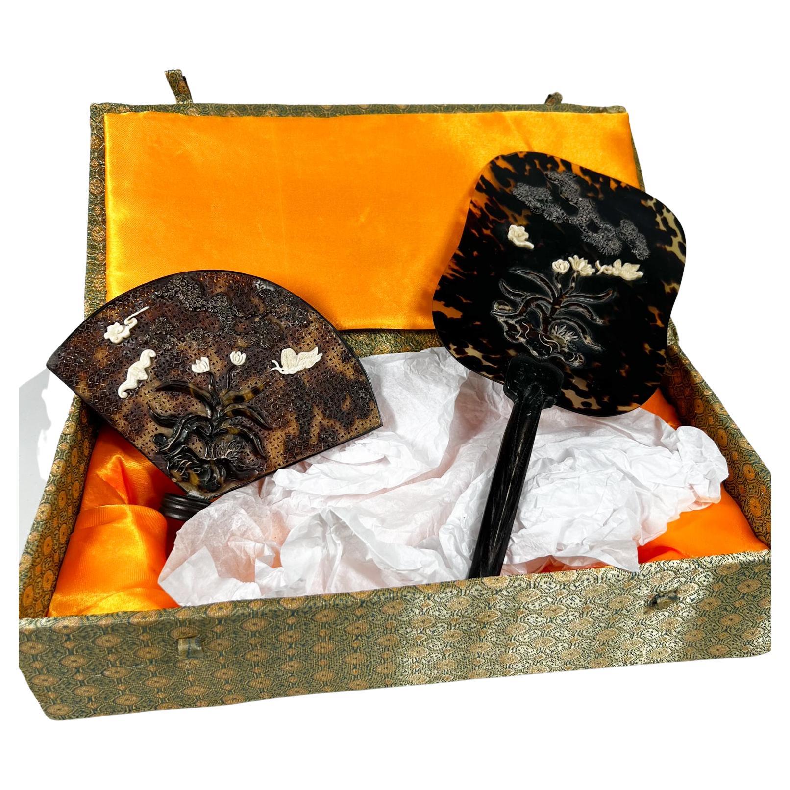 Antique Vintage Chinese Rigid Hand Fans Decorated Tortoise Shell For ...