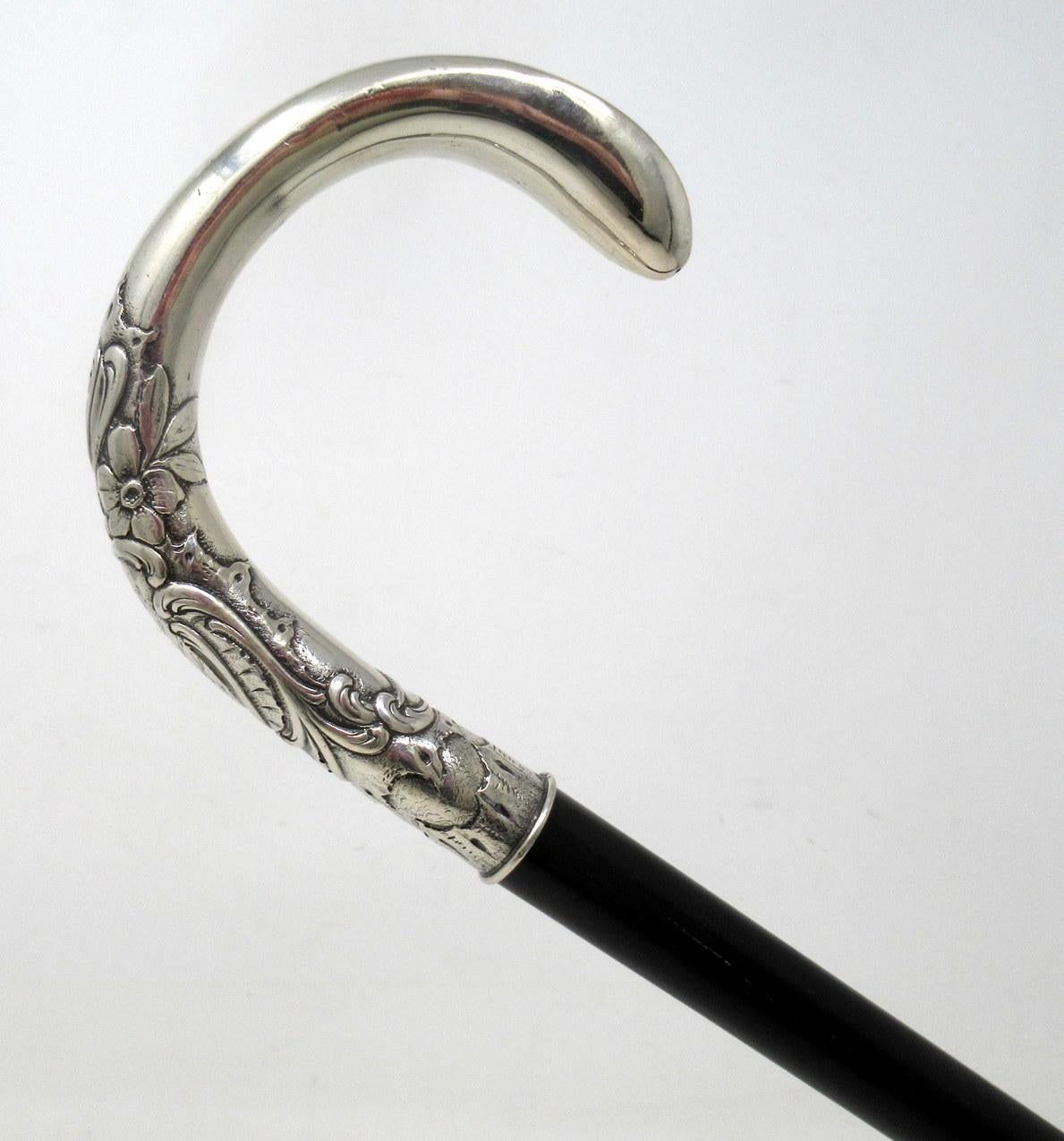 Antique Vintage French Ebony Walking Stick Dress Cane Sterling Silver ...