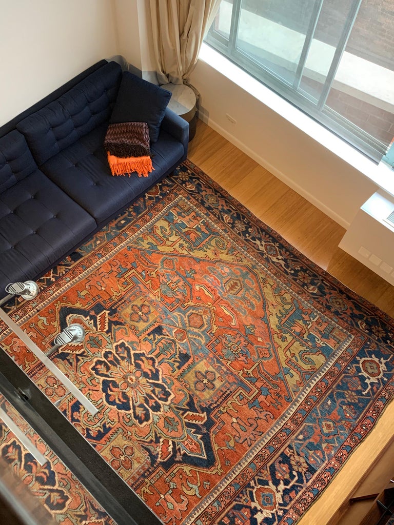 Antique Vintage Persian Rust Light Blue Geometric Tribal Heriz Area Rug ...