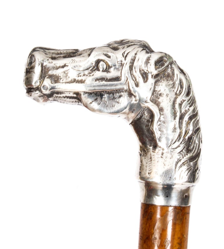 Antique Walking Cane Stick Sterling Silver Horse Head Handle 1888, 19th ...