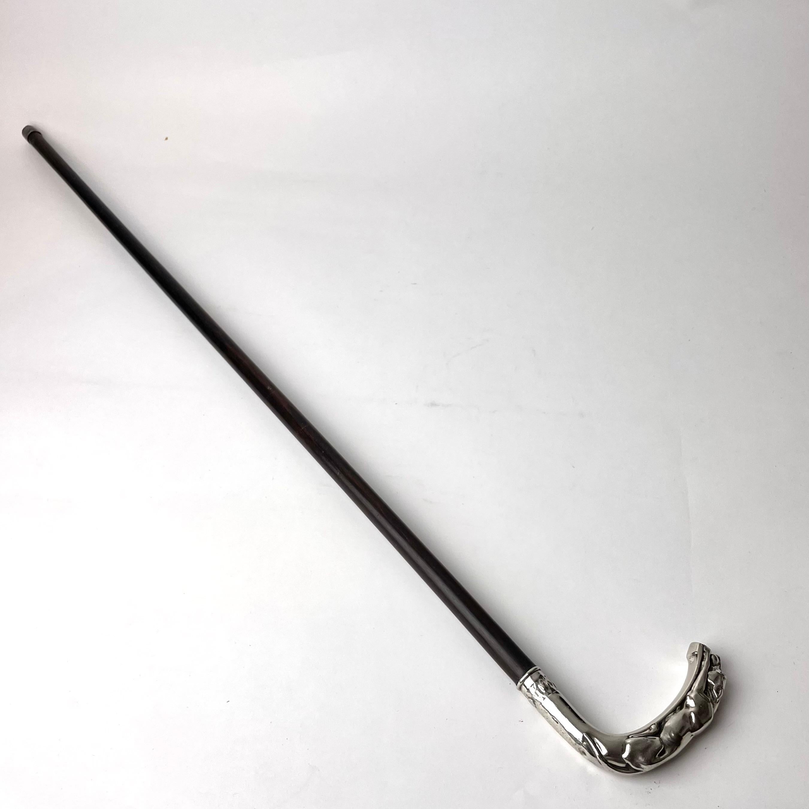 Antique Walking Cane/Stick with Dog Handle, Nickel Silver, Early 20th ...
