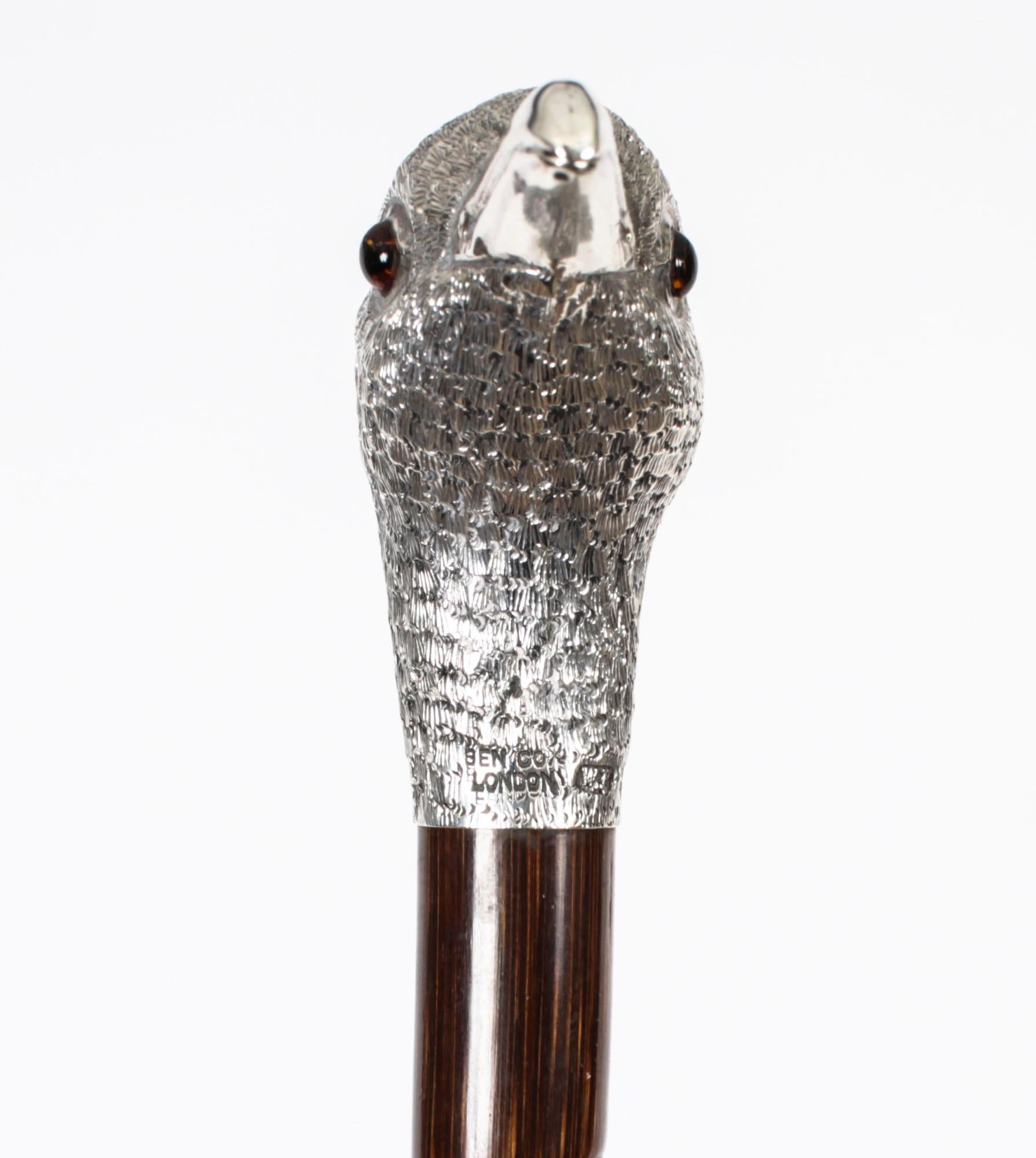 Antique Walking Stick Cane Silver Duck Head Handle Ben Cox of London ...