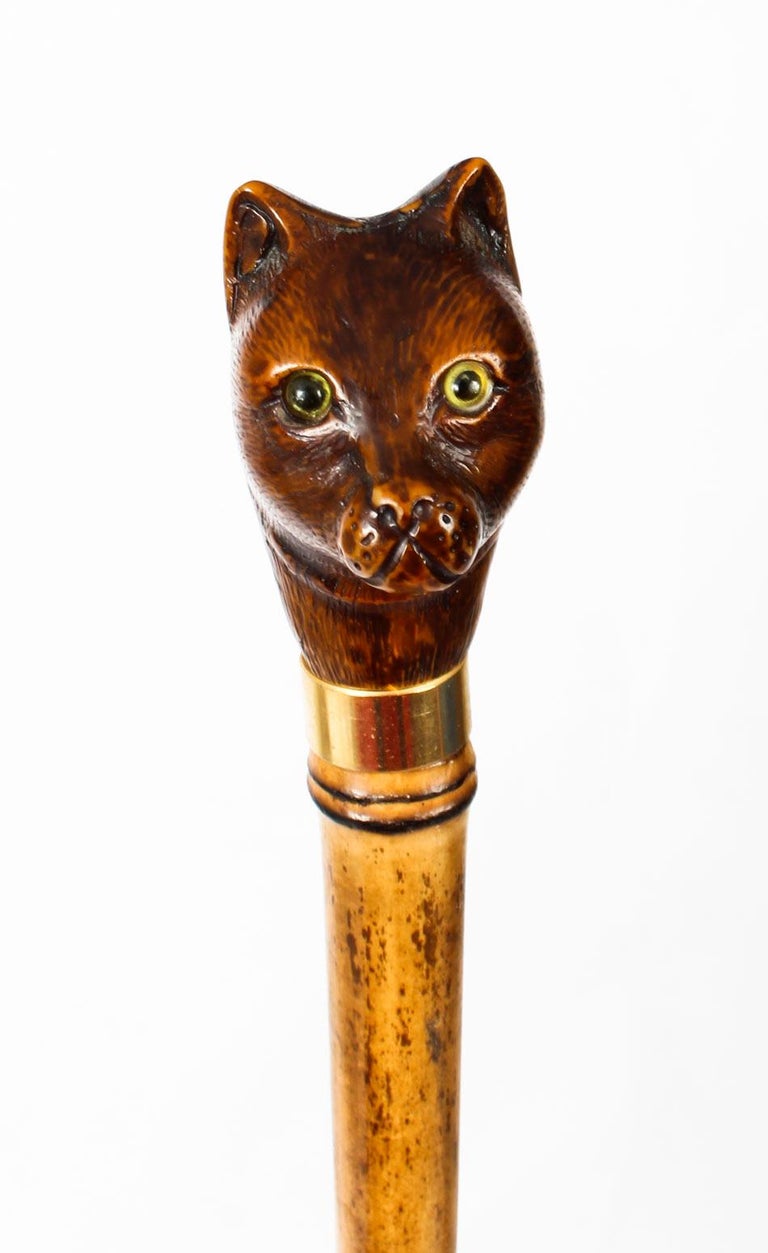 Antique Walking Stick Cane with Carved Head of Cat and Bamboo Shaft ...