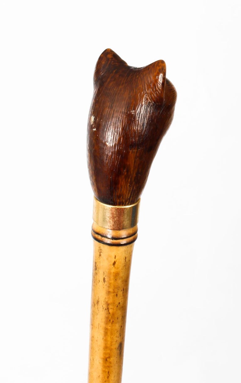 Antique Walking Stick Cane with Carved Head of Cat and Bamboo Shaft ...